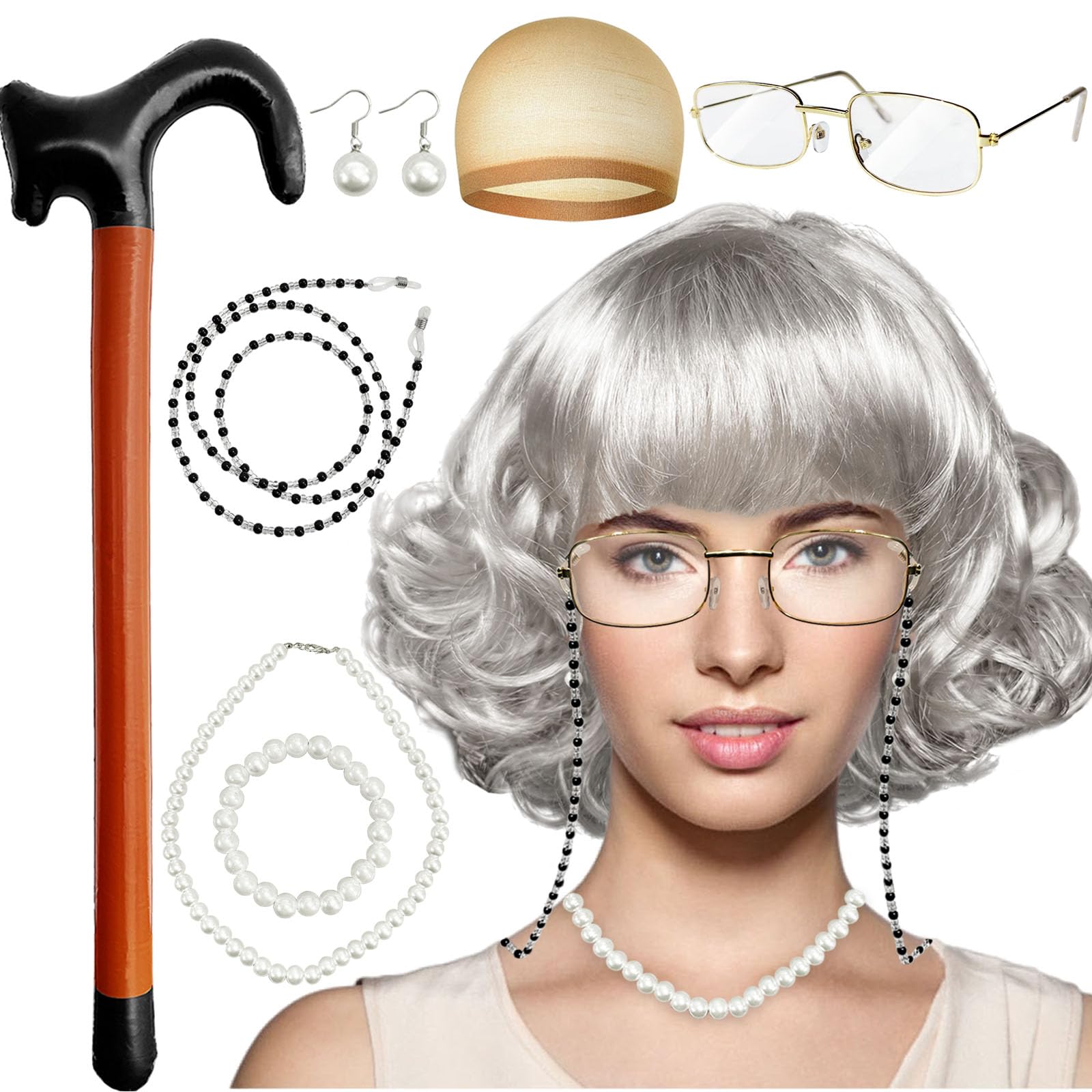 Amazon.com: Eerrhhaq Old Lady Wig Costume Set for Women Girls,Short ...