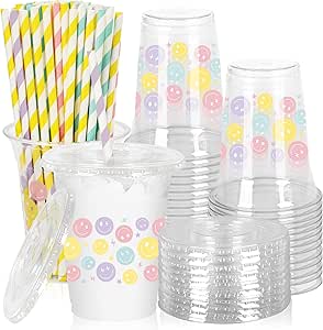 Amazon.com: JarThenaAMCS 50Pcs Preppy Happy Face Plastic Cups with Lids ...