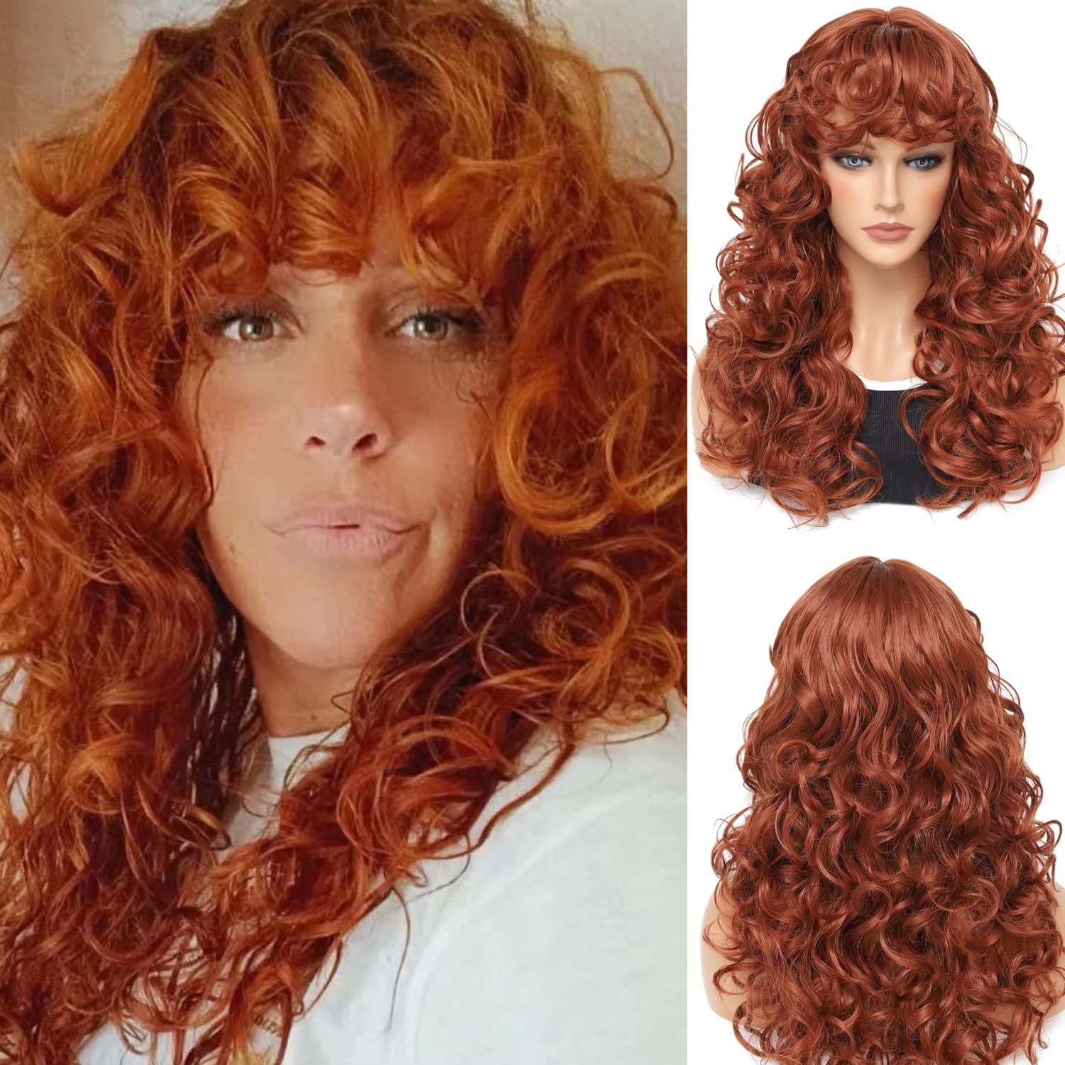 Amazon.com : mcriley Ginger Orange Curly Wig with Bangs 24 Inch Curly ...