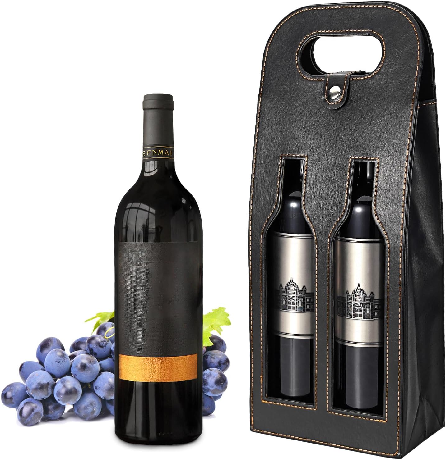 Double Bottle Wine Tote, Reusable Leather Wine Bag Tote, Double Bottle ...