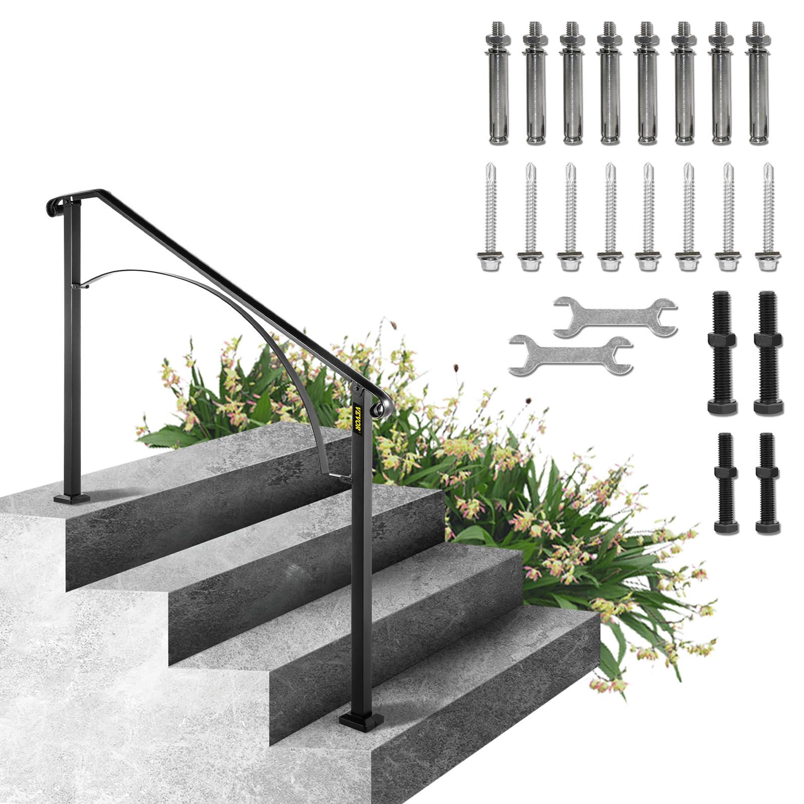 VEVOR Handrail for Outdoor Steps, 3-4 Steps Arch#2 Outdoor Handrail ...