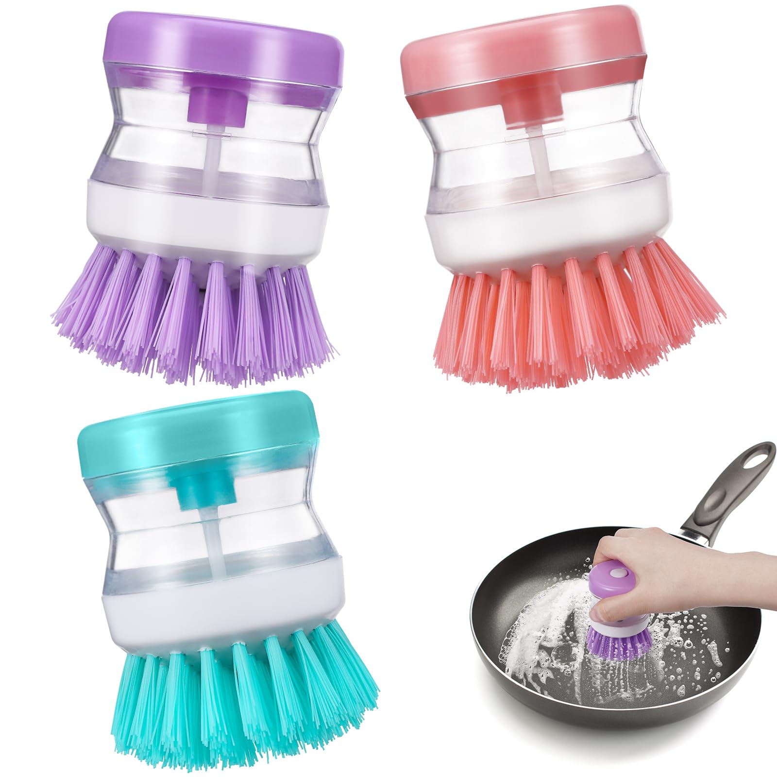 Pack of 3 Washing Up Brush with Detergent Dispenser, Refillable ...