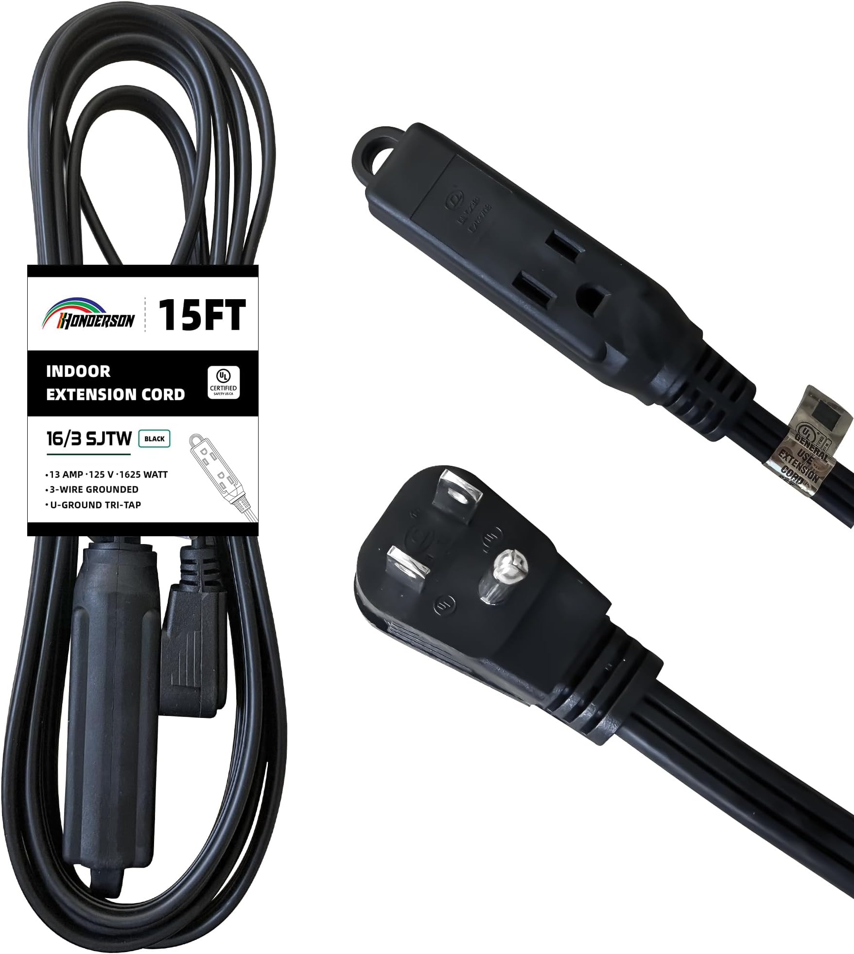 Amazon.com: HONDERONS 15 FT 3 Outlets Black Extension Cord with Flat ...