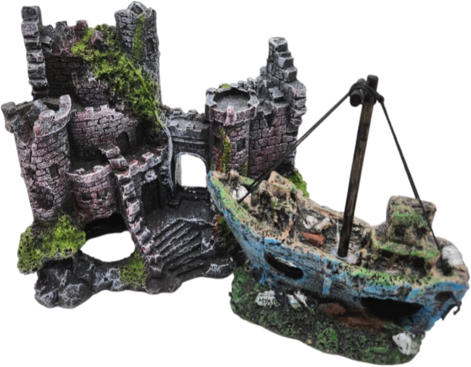 Amazon.co.jp: UTST アクアリウム オブジェ 城 水槽 隠れ家 水槽 オーナメント 船 水族館 インテリア ダイバー 水槽用品 (城＋船) : ペット用品