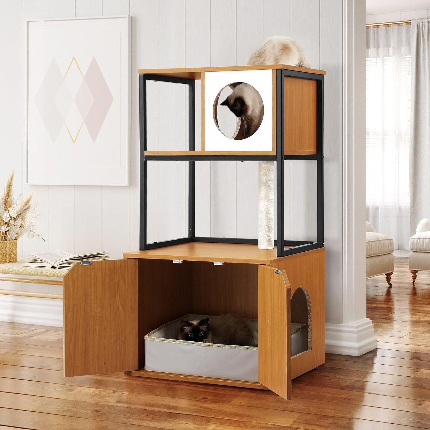 Pet Scene Cat Tree Litter Box Enclosure, All in One Cat House Furniture ...