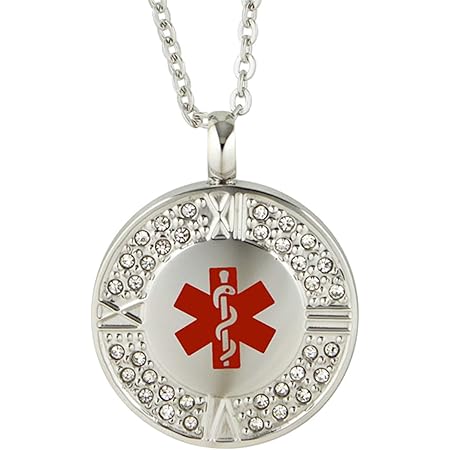 Amazon.com: Stainless Steel Crystal Medical Alert ID Necklace for Women ...