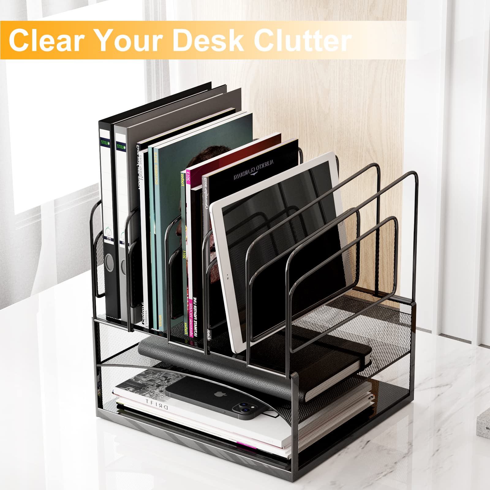 GoldOrcle Mesh Desk File Organizer with 5 Vertical File, Multifunction ...