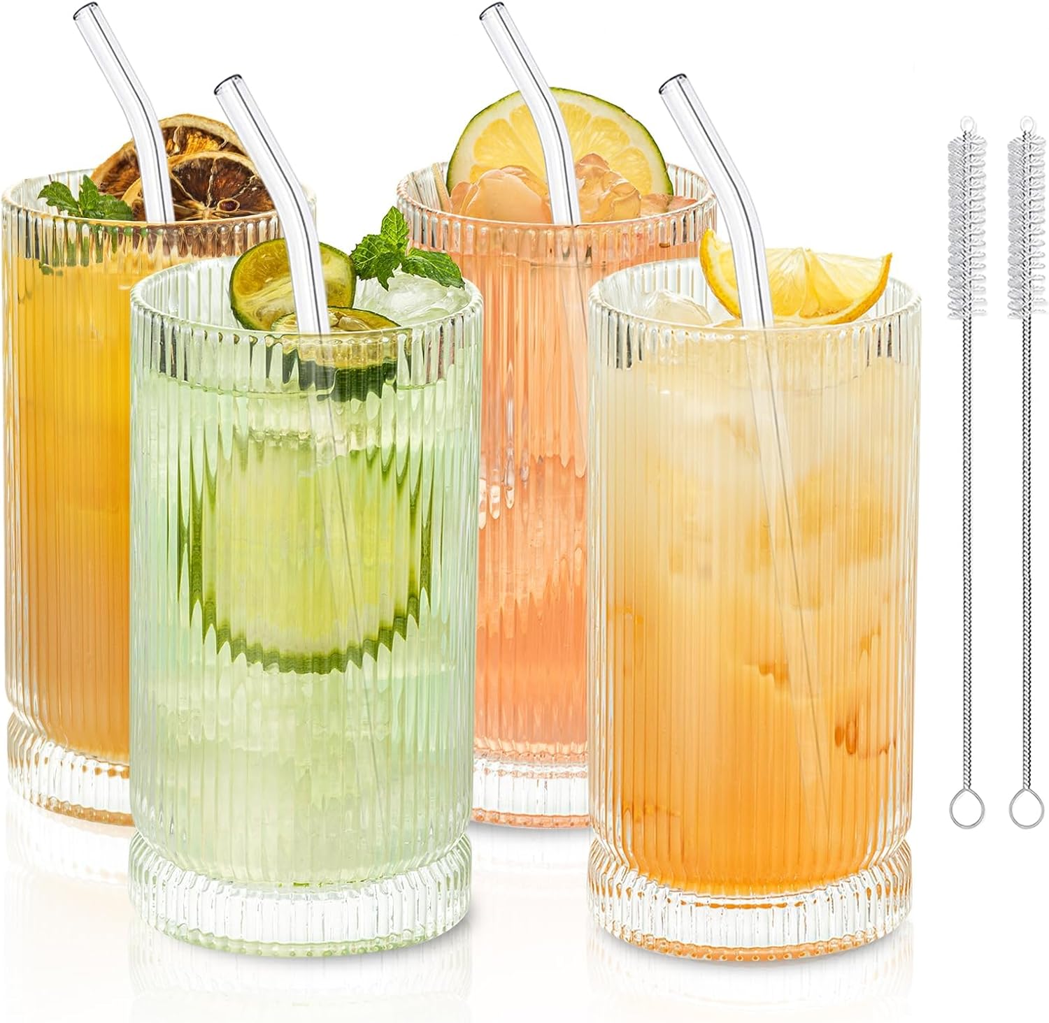 Amazon.com | KEMORELA Vintage Ribbed Glassware Set, 16oz XL Drinking ...
