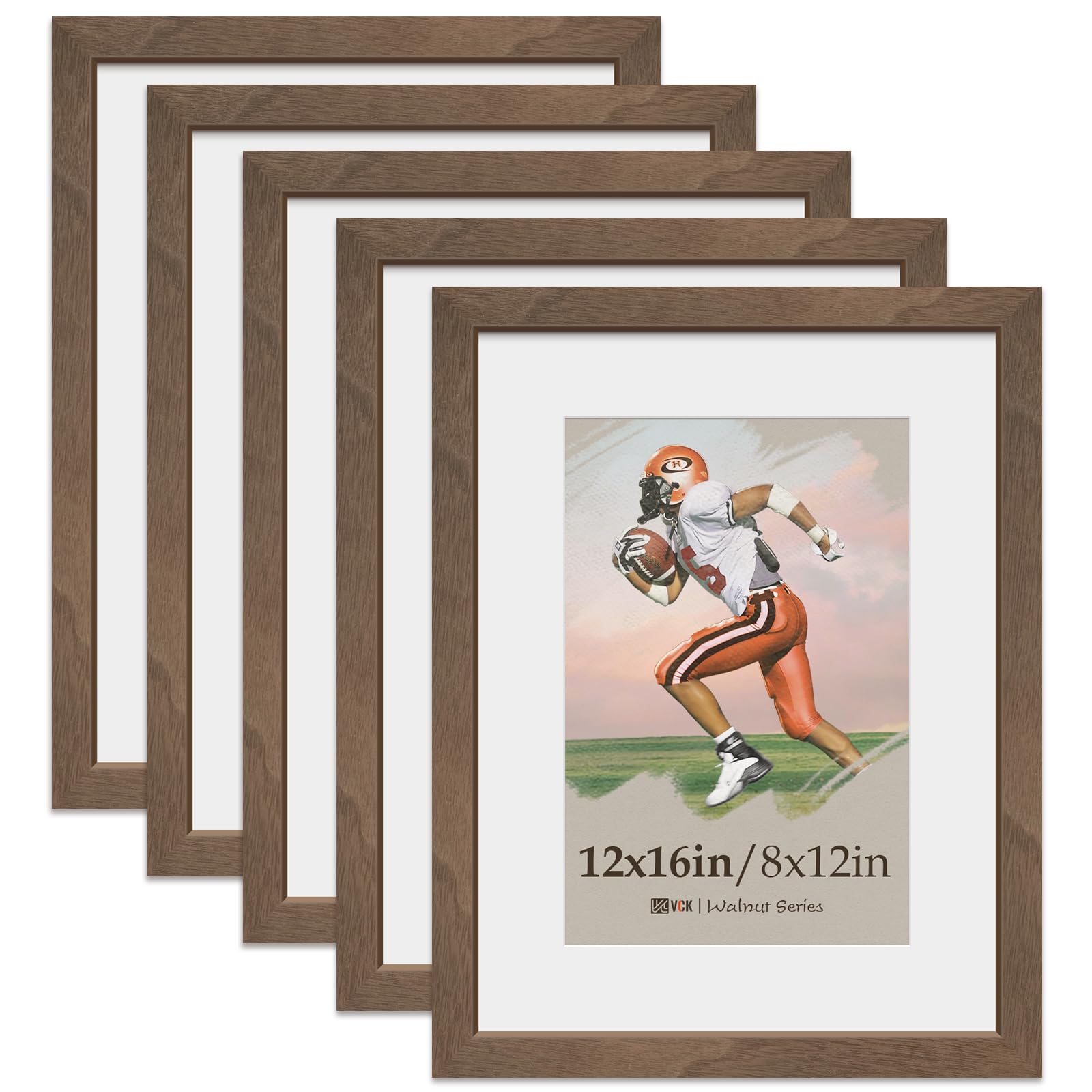 VCK 12x16 Picture Frame 5 Pack, Natural Wood Grain Brown Walnut & HD ...