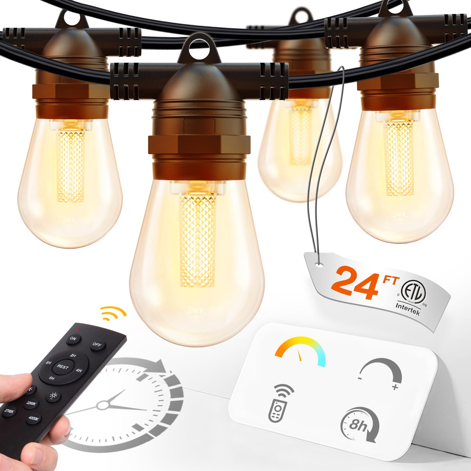 addlon 24FT Outdoor String Lights with Remote, 3 Color Dimmable Patio ...