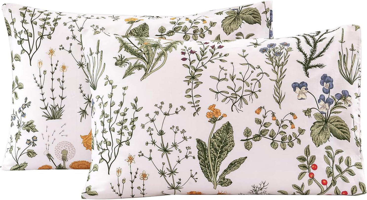 ECOCOTT Pillowcase 2 Pack King Size - Green Botanical Floral Pillow ...