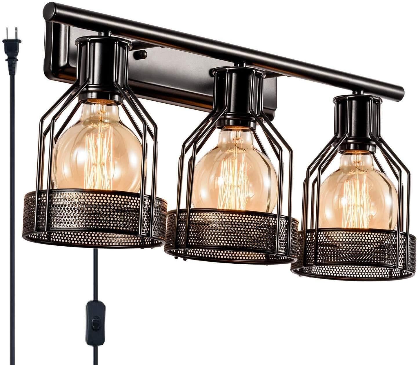 Industrial Bathroom Vanity Light Plug in 3 Lights Retro Cage Wall ...
