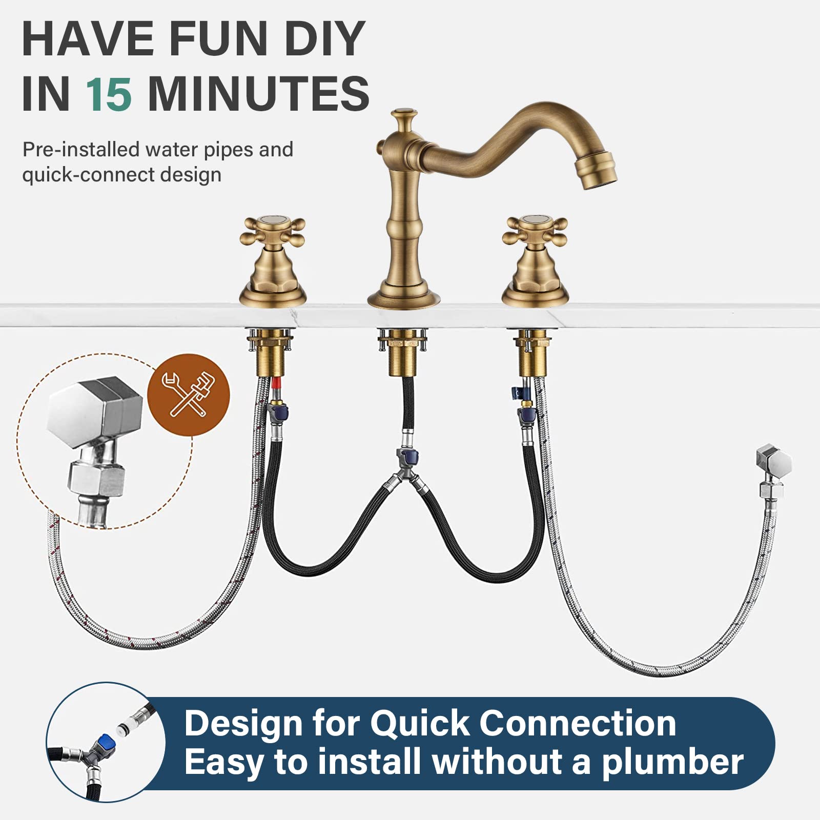 Antique Brass Bathroom Faucets for Sink 3 Hole 8 Inch Widespread ...