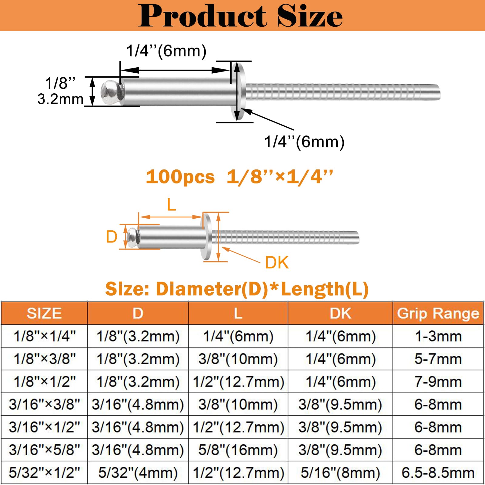 Snapklik.com : Sunxeke 100pcs 1/8 X 1/4 Stainless Steel Blind Rivets