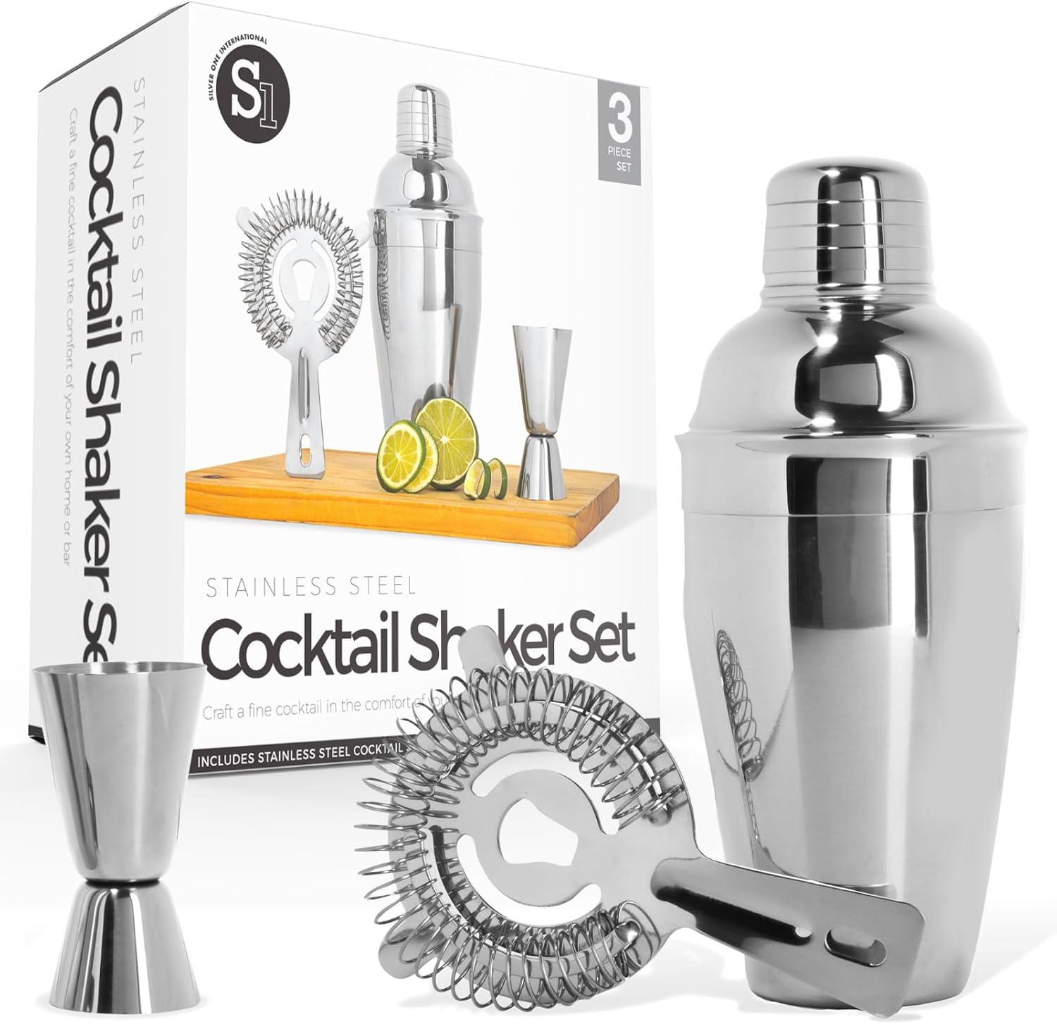 Amazon.com: 3 Pc Cocktail Shaker Set - Stainless Steel Cocktail ...
