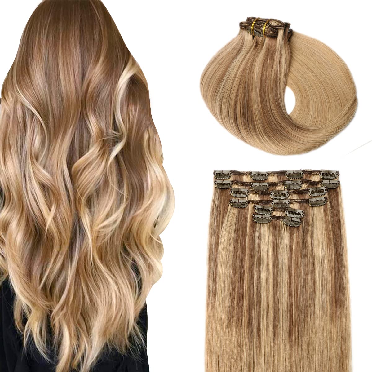 Amazon.com : SURNEL Clip in Human Hair Extensions 14 Inch 6pcs 100g ...