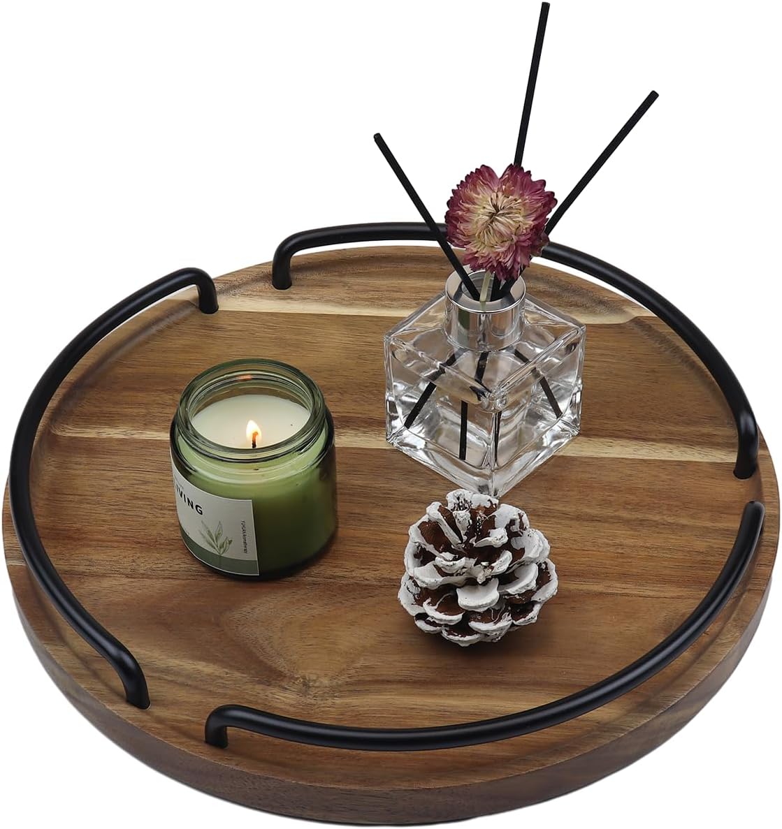 Amazon.com: Round Wood Tray/w Wood Bead Garland - 13" Decorative Trays ...