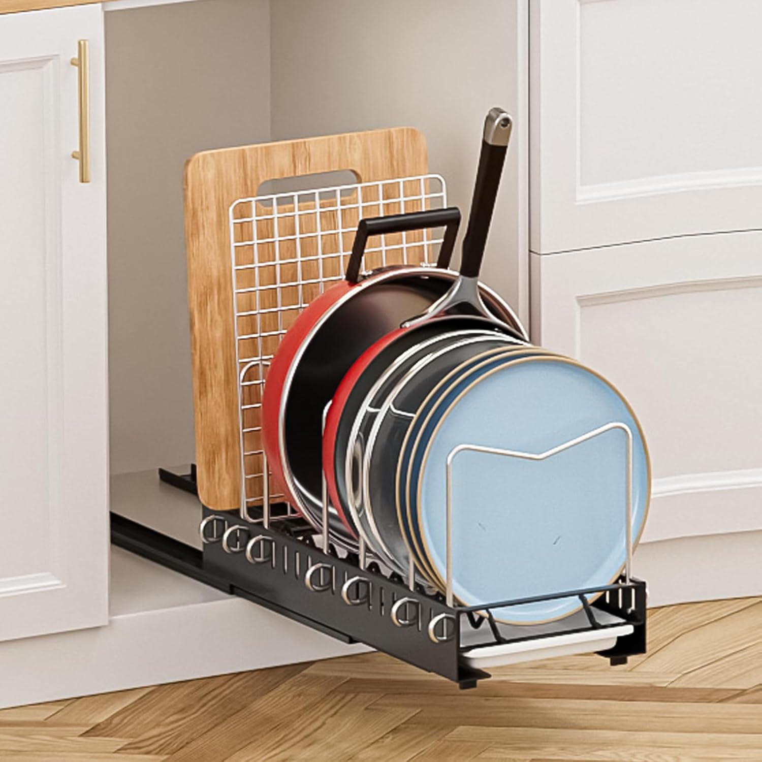 Pots and Pans Organizer Under Cabinet, Pot Lid Pan Organizer Inside ...