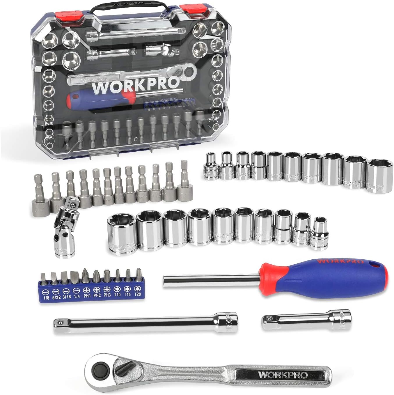 WORKPRO Socket Set, 47-Piece 3/8" Drive Socket Set with Quick-Release ...
