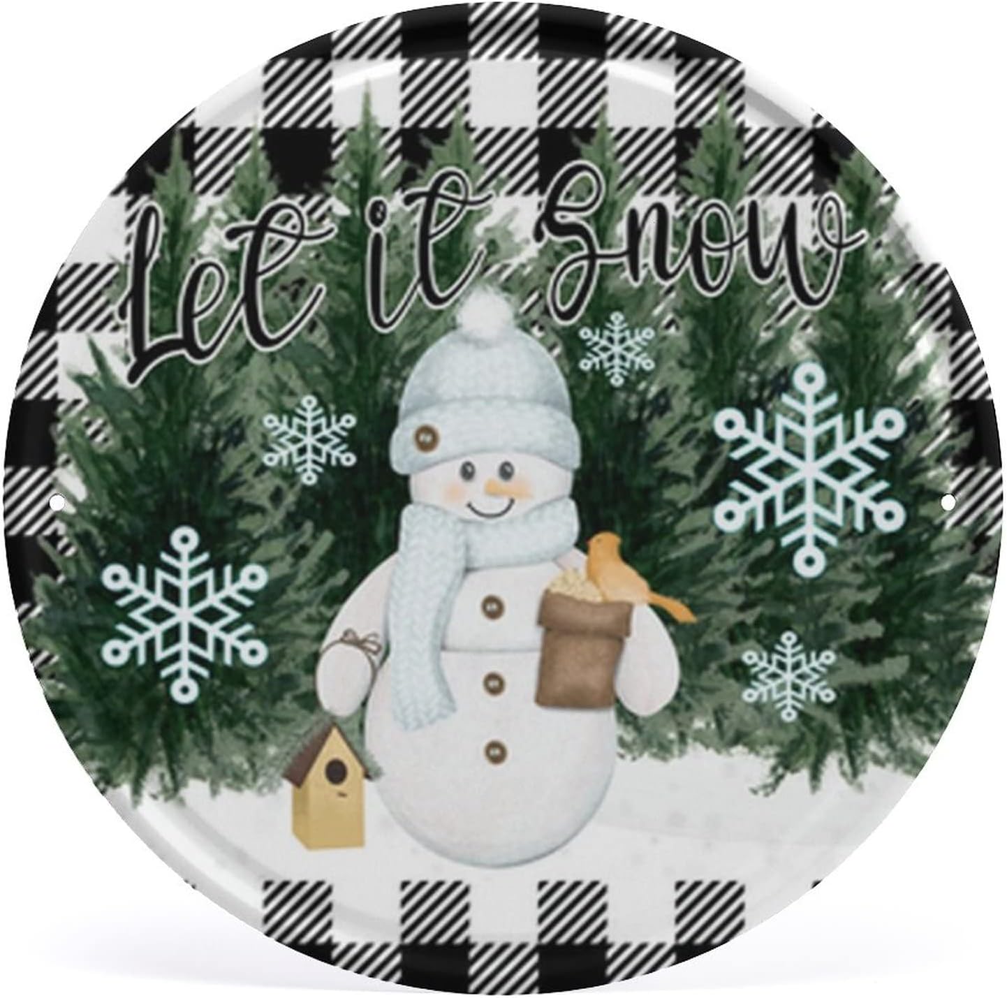 Amazon.com : Round Metal Tin Sign Let It Snow Buff Plaid Wreath Sign ...