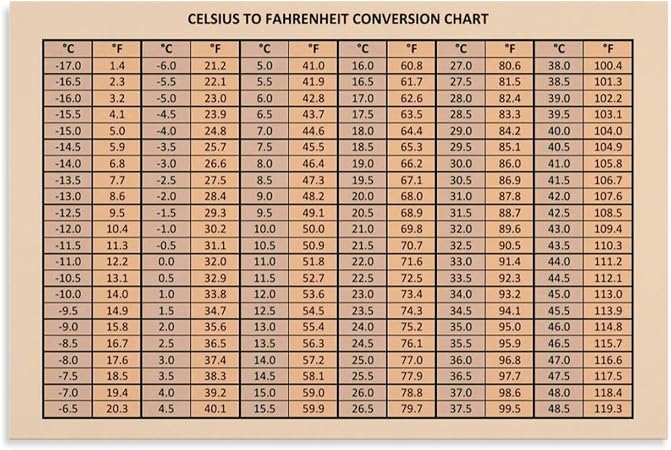 Amazon.com: TEMPERATURE CONVERSION Chart Fahrenheit And Celsius Poster ...