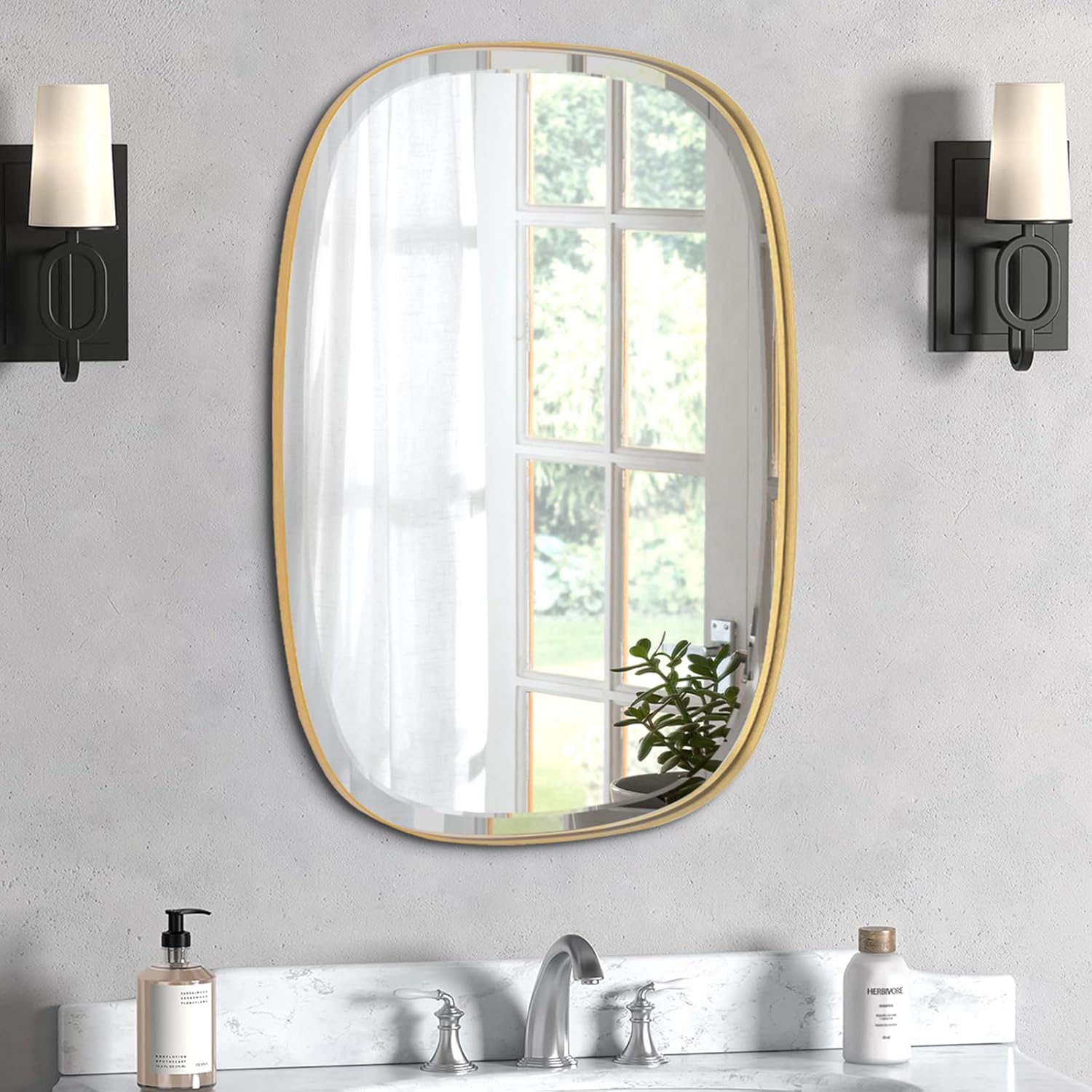 Amazon.com: POZINO Gold Bathroom Mirror, 24"x32" Brass Rounded ...