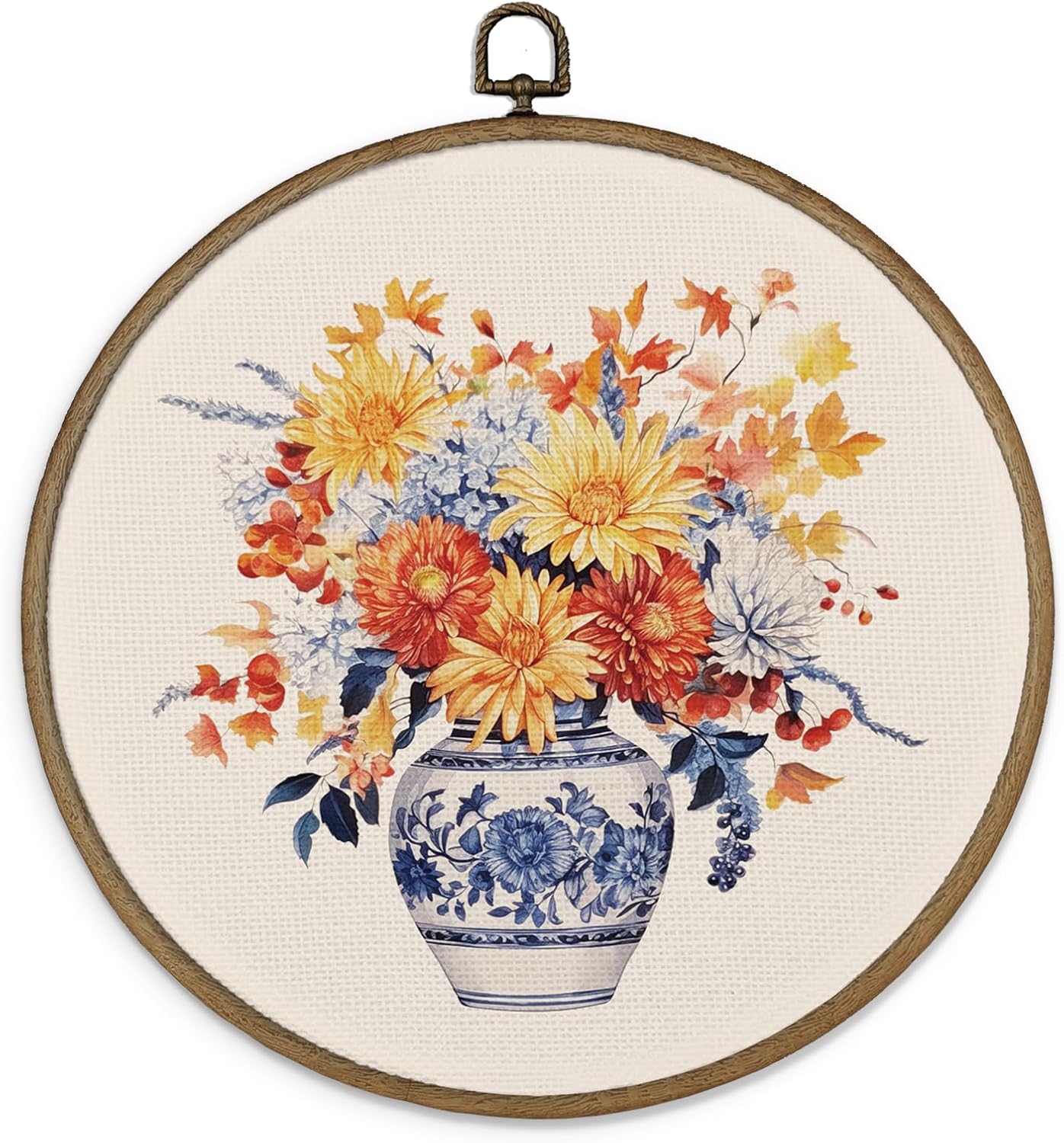 Amazon.com: MAQIKA Chinoiserie Fall Floral Round Wall Art, Blue Autumn ...