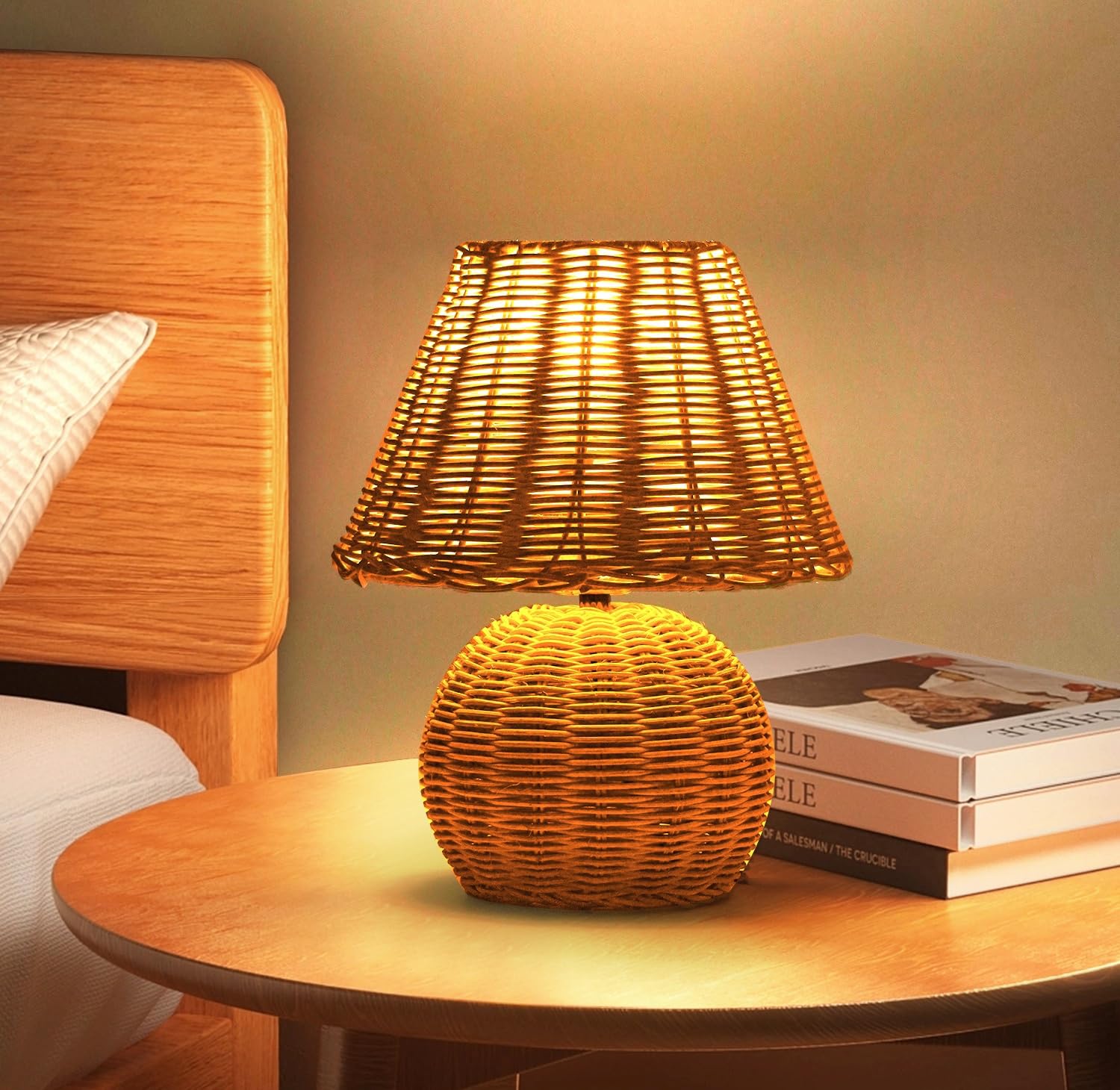 FEVIECH Rattan Table Lamp, Handmade Small Boho Bedside Lamp, Wicker ...