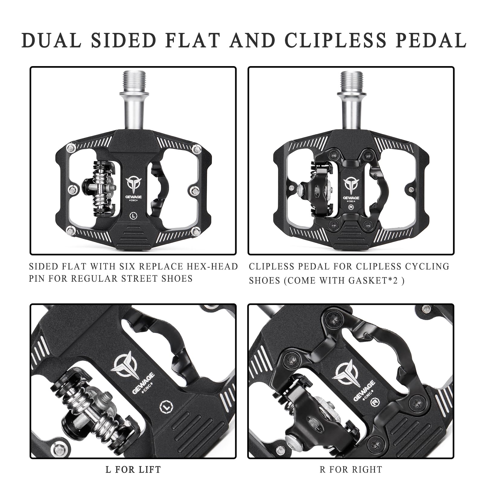 Mountain Bike Pedals - Dual Function Flat and Clipless Pedal - 3 Sealed Bearing Platform Pedals ...