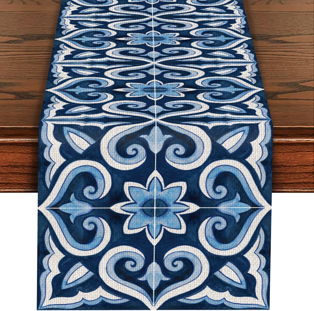 Amazon.com: Farmhouse Blue Tile Pattern Table Runner 13 x 71 Inches ...