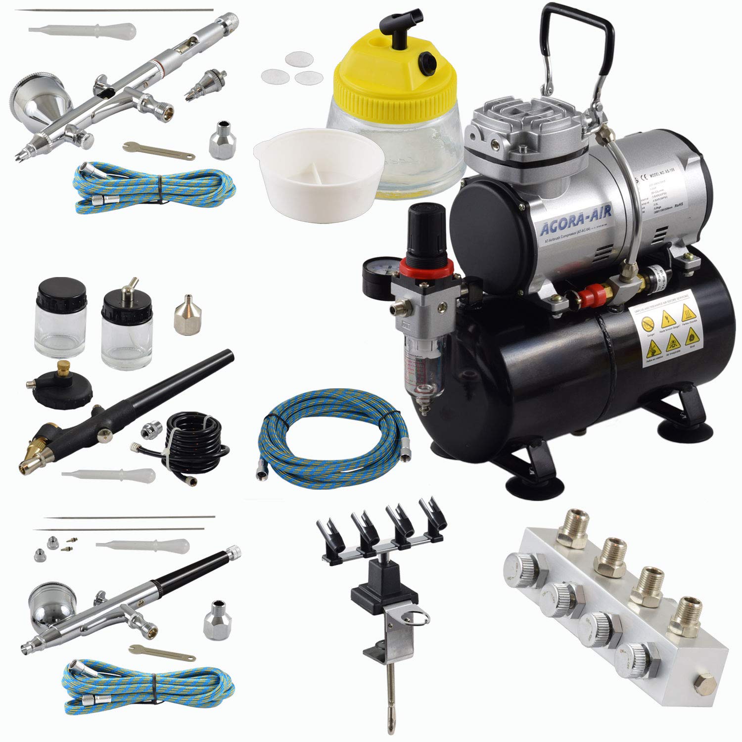Agora-Tec® Airbrush Komplett-Set PROFI XVII.13, inkl. Kompressor mit 4 ...