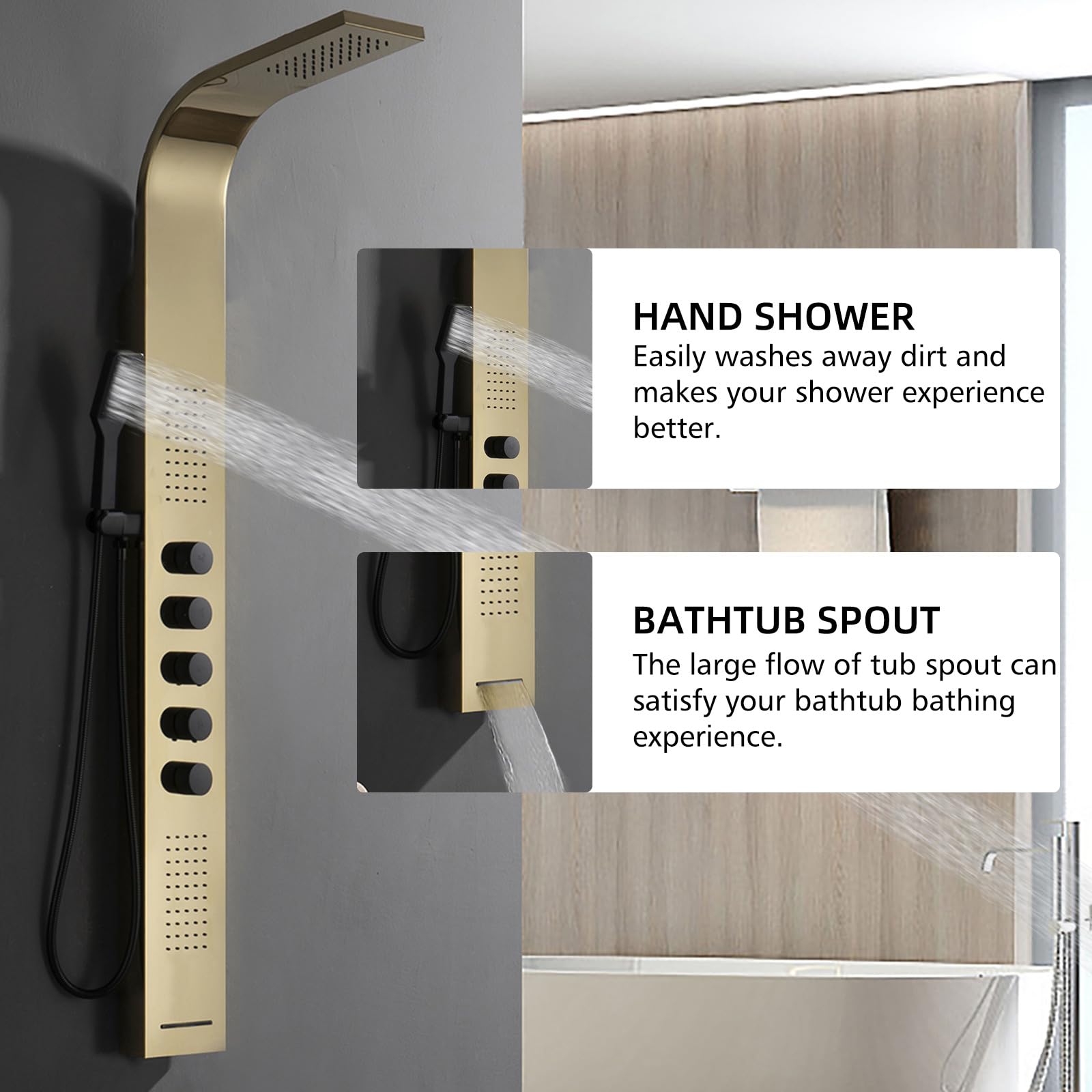 BWE Shower Panel Brushed Gold Multifunction Shower Panel System with ...