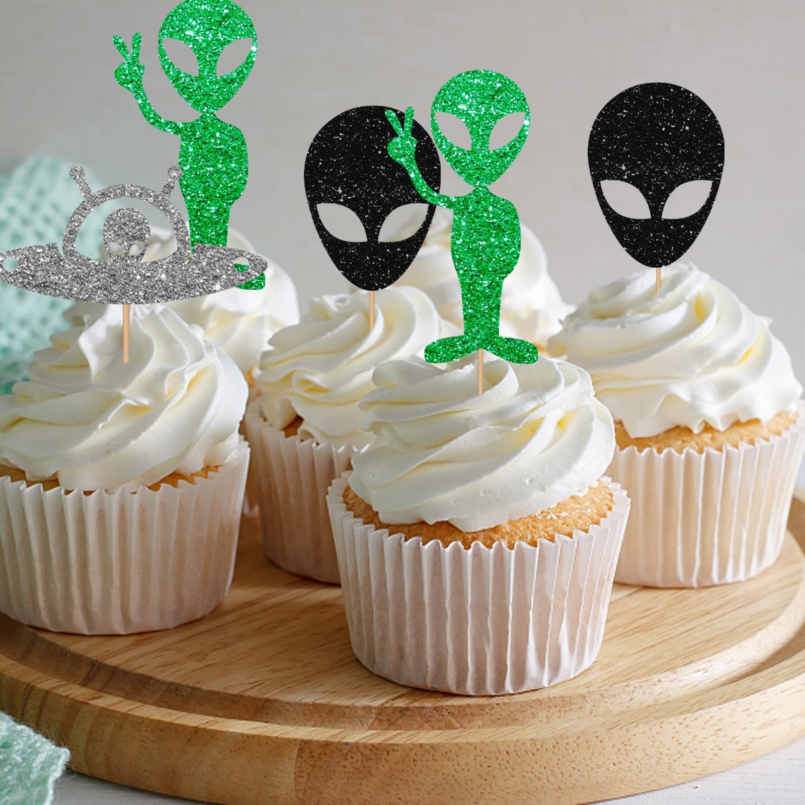 Snapklik.com : Alien Cupcake Toppers, Black & Green Glitter ET UFO ...