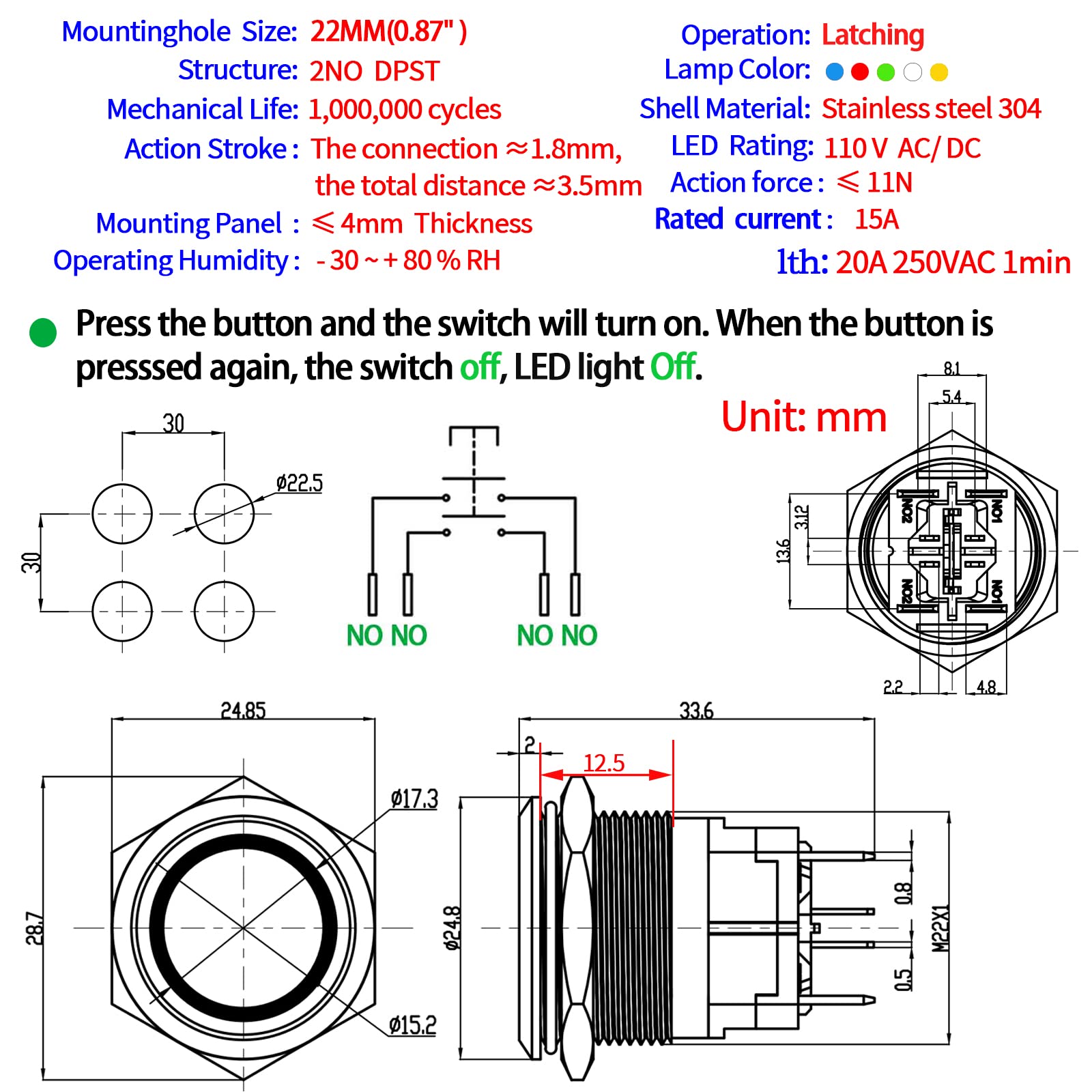 Snapklik.com : UL Listed 22mm Push Button Switch 15A 110V-120V Latching ...