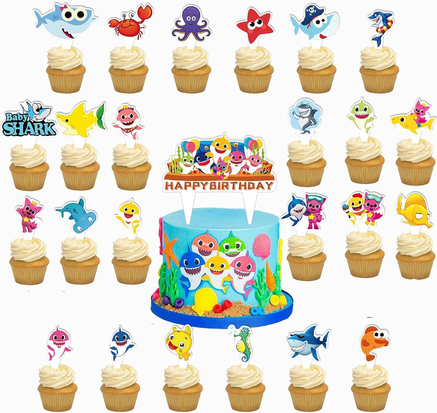 DEFONIB Baby Shark Cake Topper and CupCake Toppers, 25pcs Baby Shark ...
