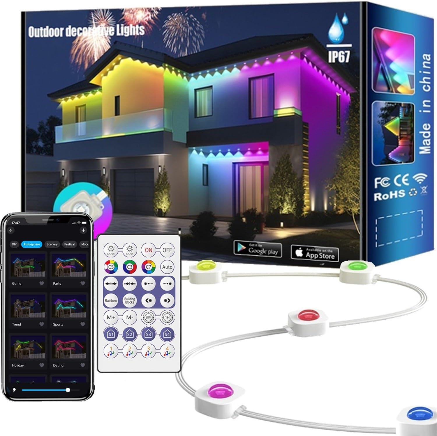 BrizLabs Permanent Outdoor Lights, 50ft 30 LED RGBCW Eave Lights Work ...