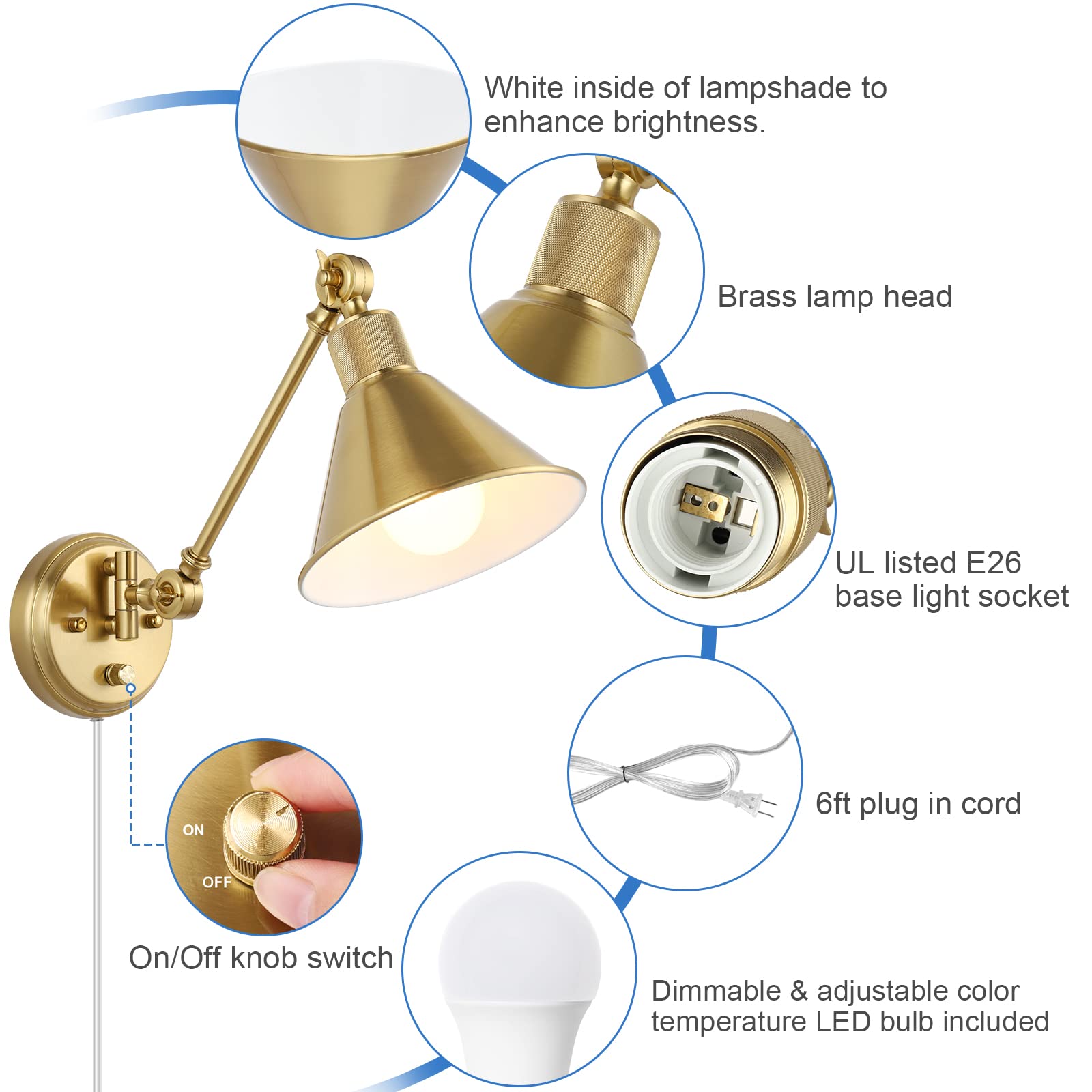 TRLIFE Dimmable Wall Sconce with Remote Control, Brushed Brass Plug in ...