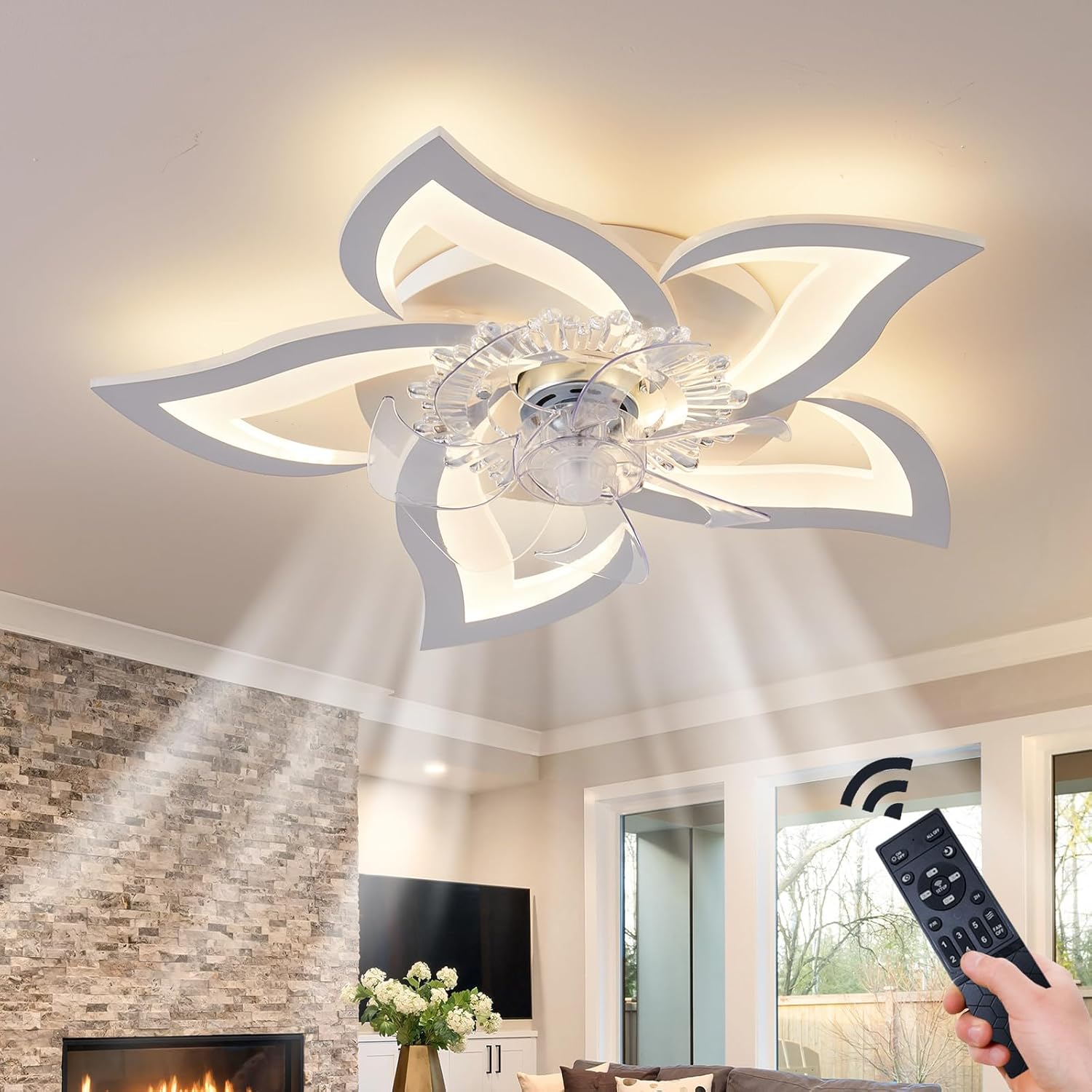 REYDELUZ Low Profile Ceiling Fans with Lights, Modern Dimmable Flower ...