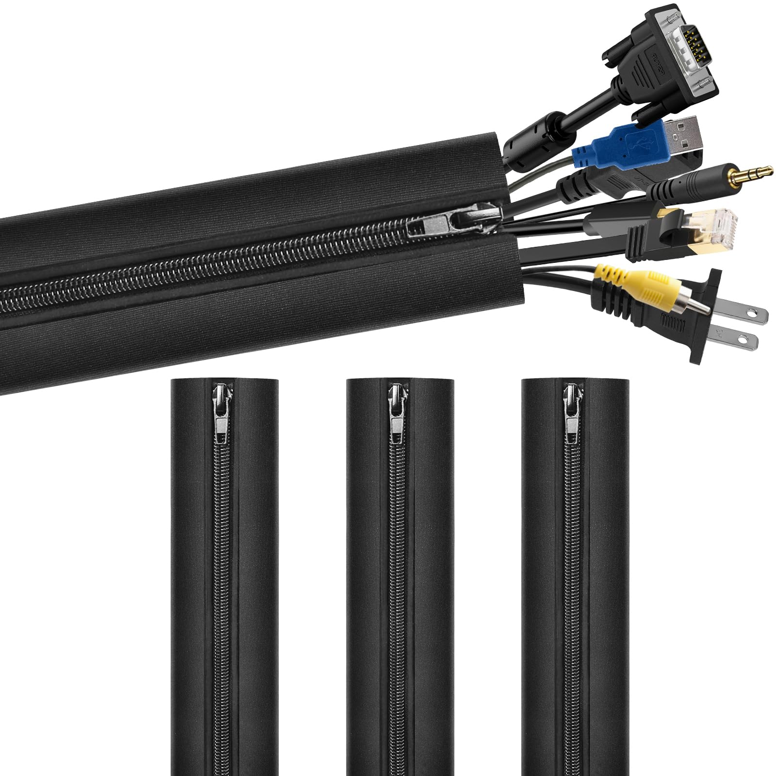 Cable Tidy Zip Sleeve, 4PCS 50CM Black Cable Management Sleeve with ...