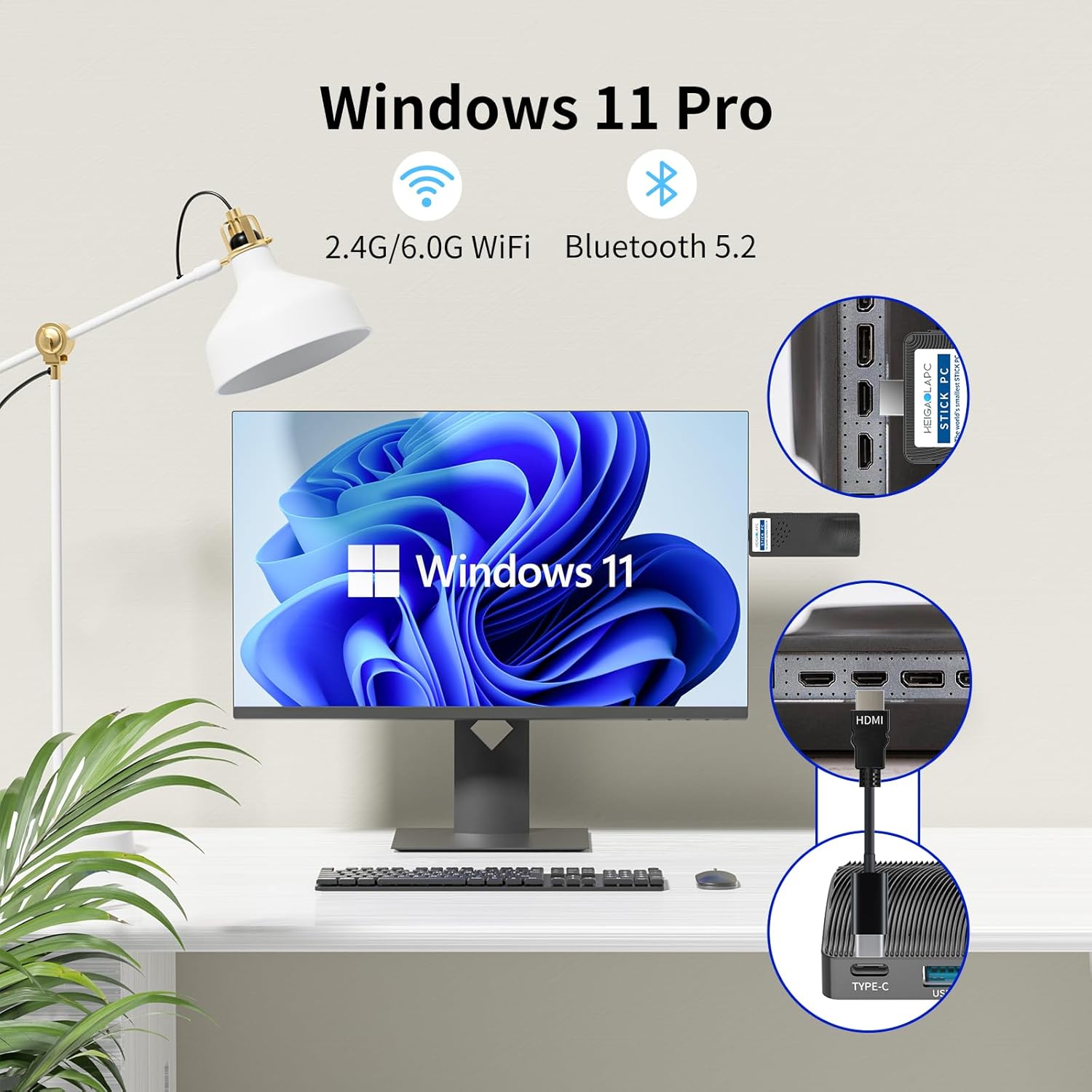 HEIGAOLAPC Mini PC Stick Windows 11 Pro, 8Go DDR4 128Go ROM Intel ...