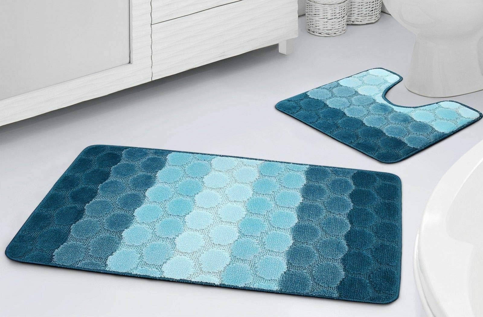 2pc Bath Mat Set Non Slip, Bath & Pedestal Mats, Hex Stripe Design For ...