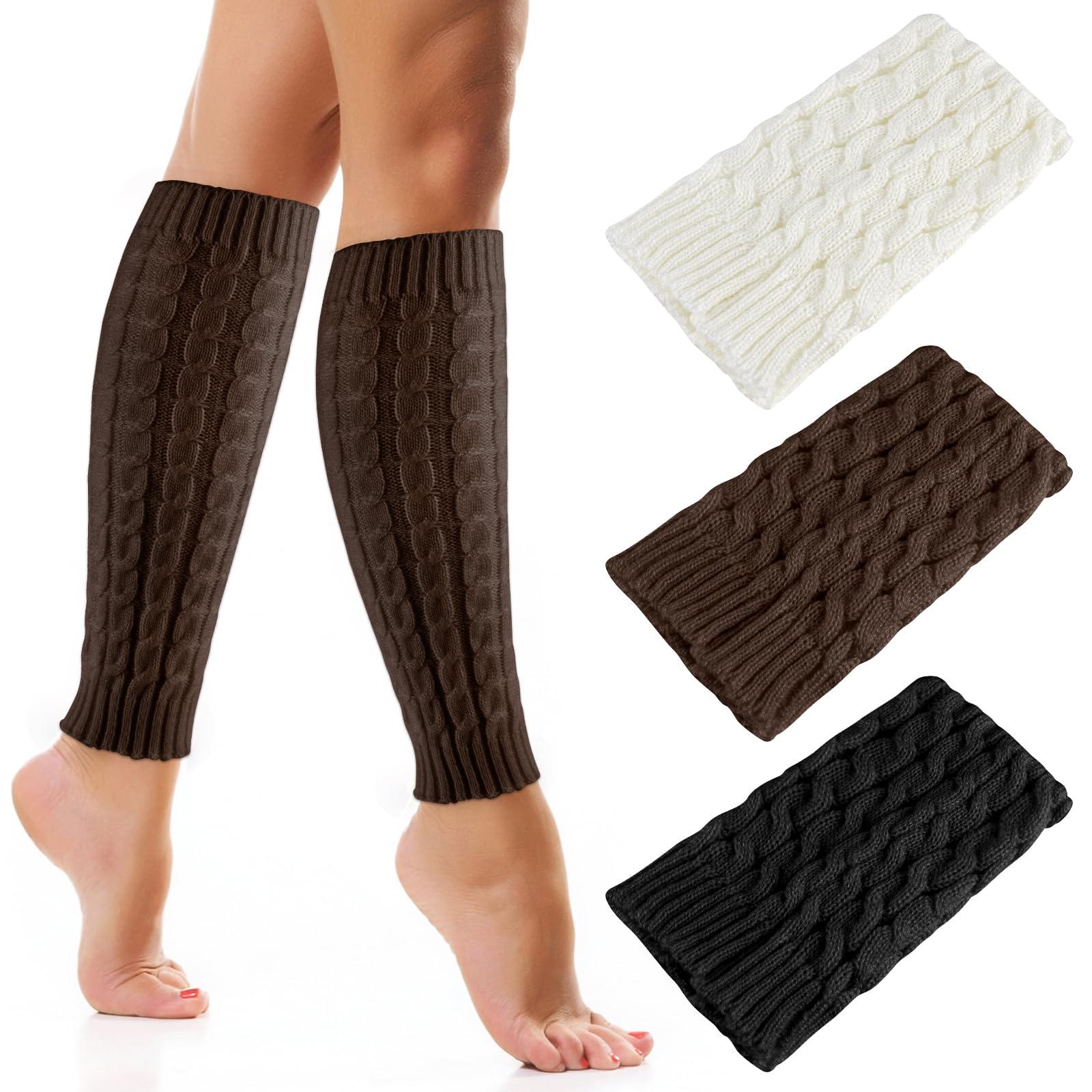 PLULON 3 Pairs Winter Leg Warmers Ladies Twist Knitted Leg Long Women's ...