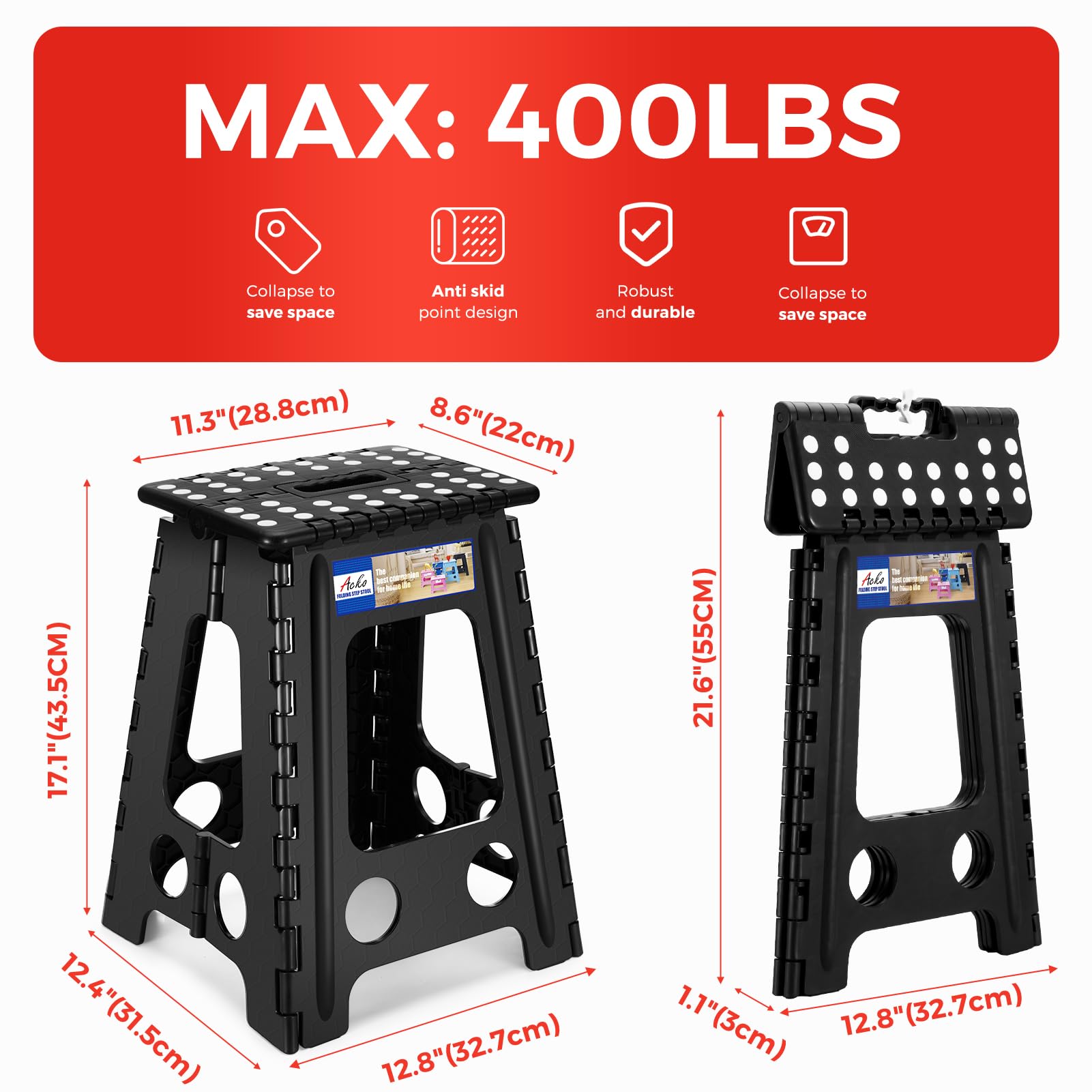 Snapklik.com : ACKO Folding Step Stool Foldable 17.5 Inch 400 Lbs ...