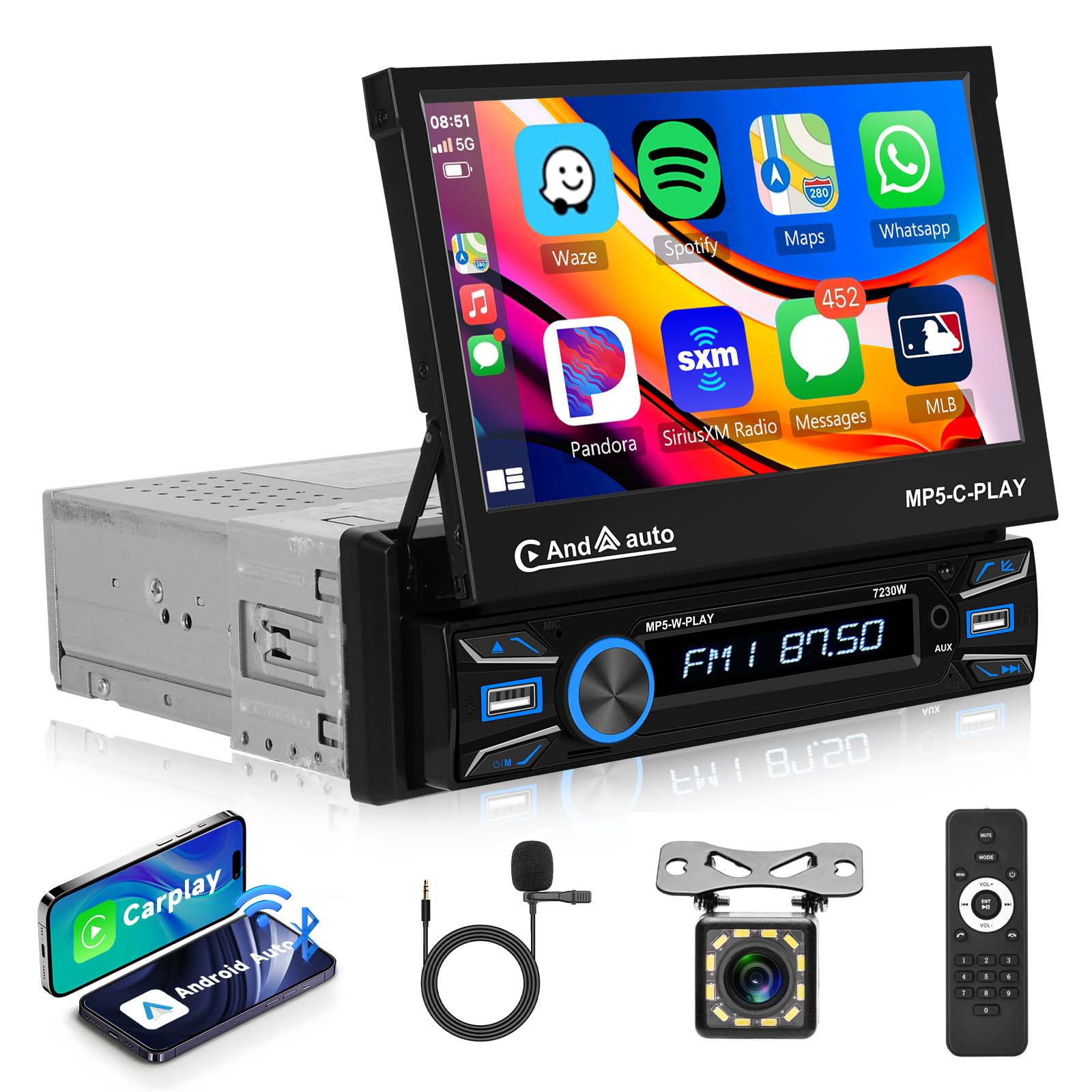 Snapklik.com : Hodozzy Single Din Flip Out Car Stereo Wireless Carplay ...