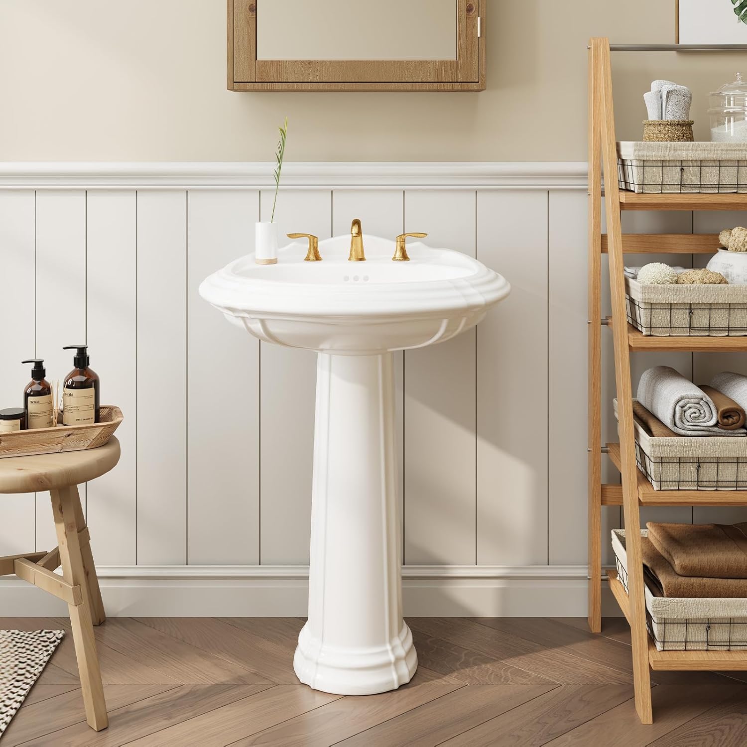 Bathroom Pedestal Sinks, Round Pedestal Sink 24 Inch Ceramic Basin with ...