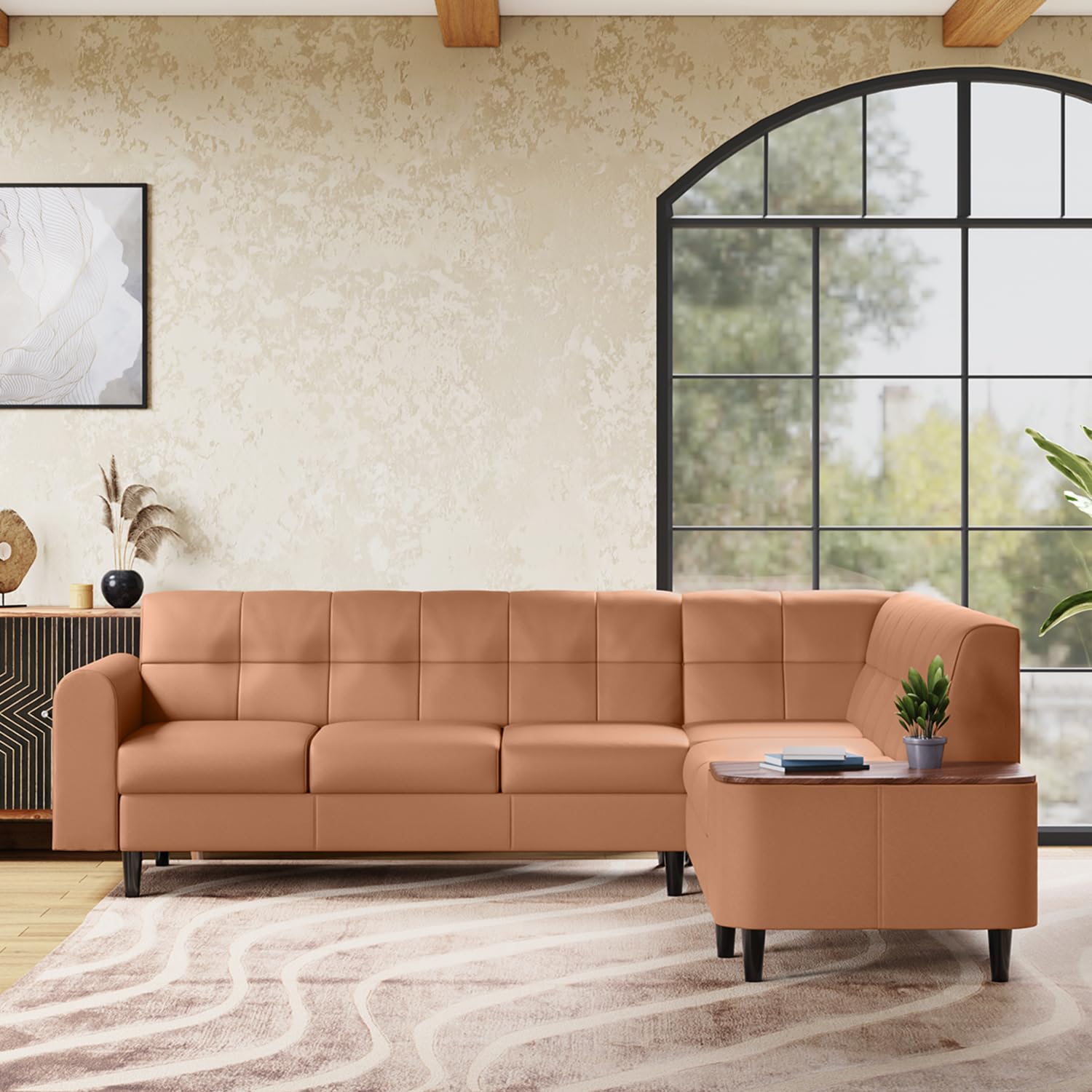 GODREJ INTERIO Orbit L Shape Right Hand Sofa, Synthetic Leather, Toffee ...