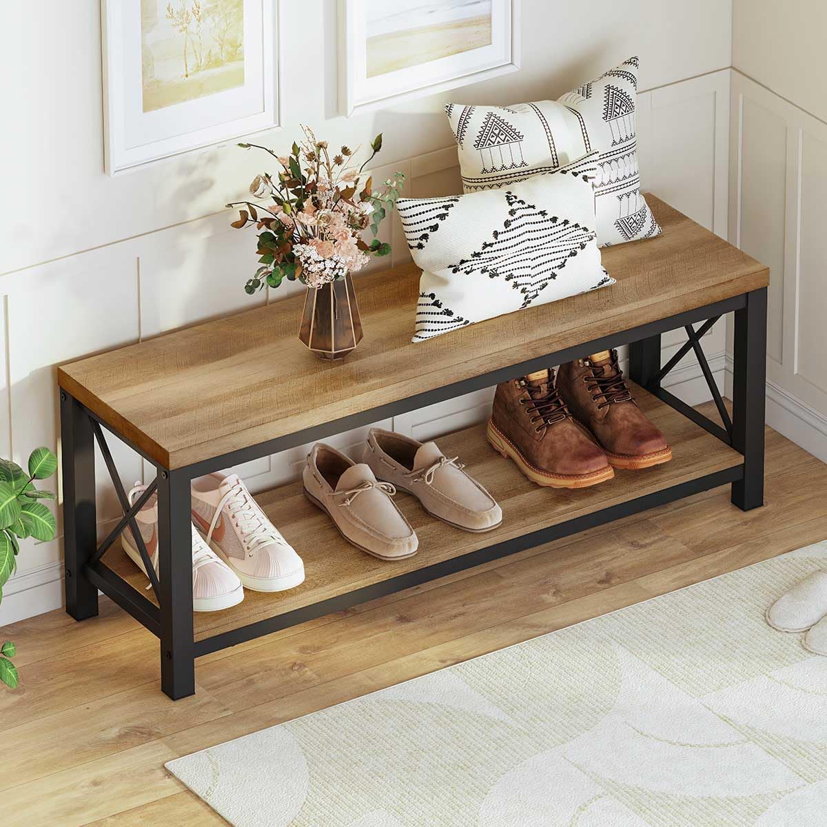 Amazon.com: BON AUGURE Entryway Bench, Farmhouse Wooden Metal Entry ...