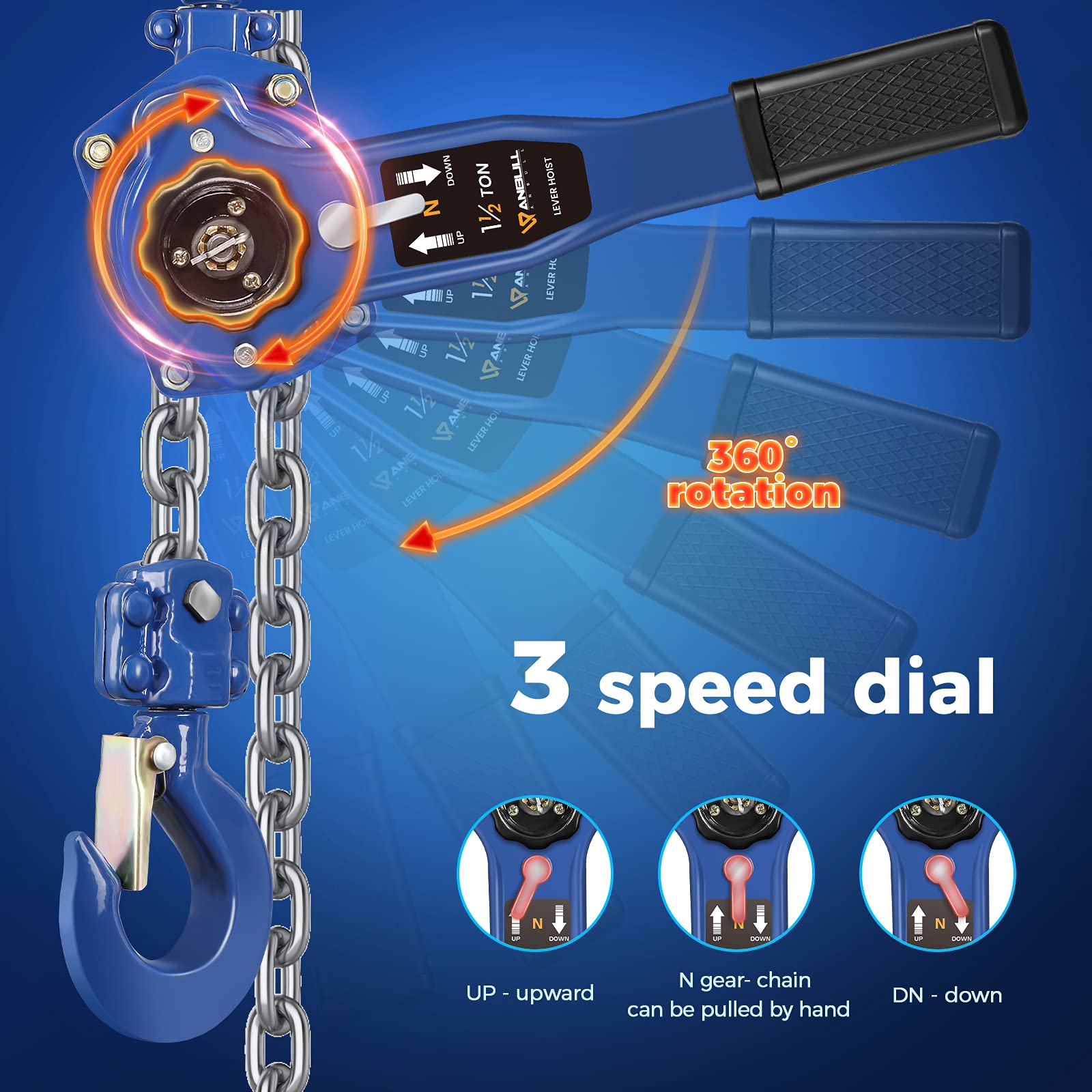 Snapklik.com : ANBULL Lever Chain Hoist 3300LBS 20FT, 1-1/2 Ton 6M ...