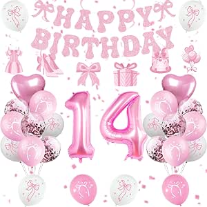 Amazon.com: Miidenks 14th Birthday Decorations for Girls, Pink Bow ...
