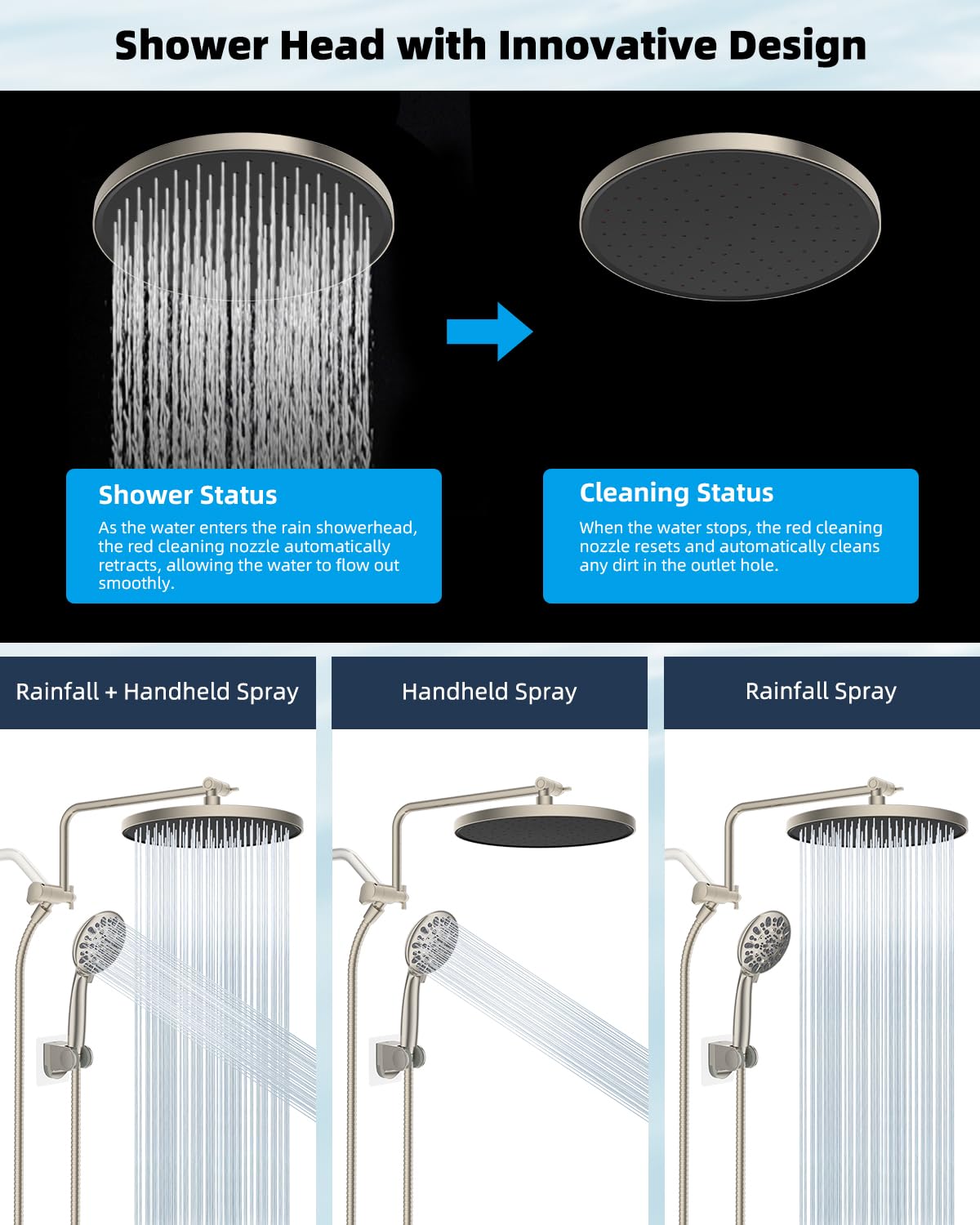 Hibbent Self-cleaning Shower Head, 10'' High Pressure Rainfall Shower Head/Handheld Showerhead ...